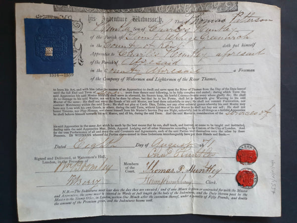 [Indenture For Thomas Patterson Huntley To Serve Upon The River Thames ...